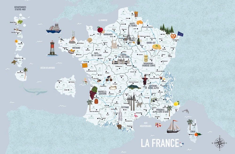 Children's map of France blue wallpaper - Muralconcept