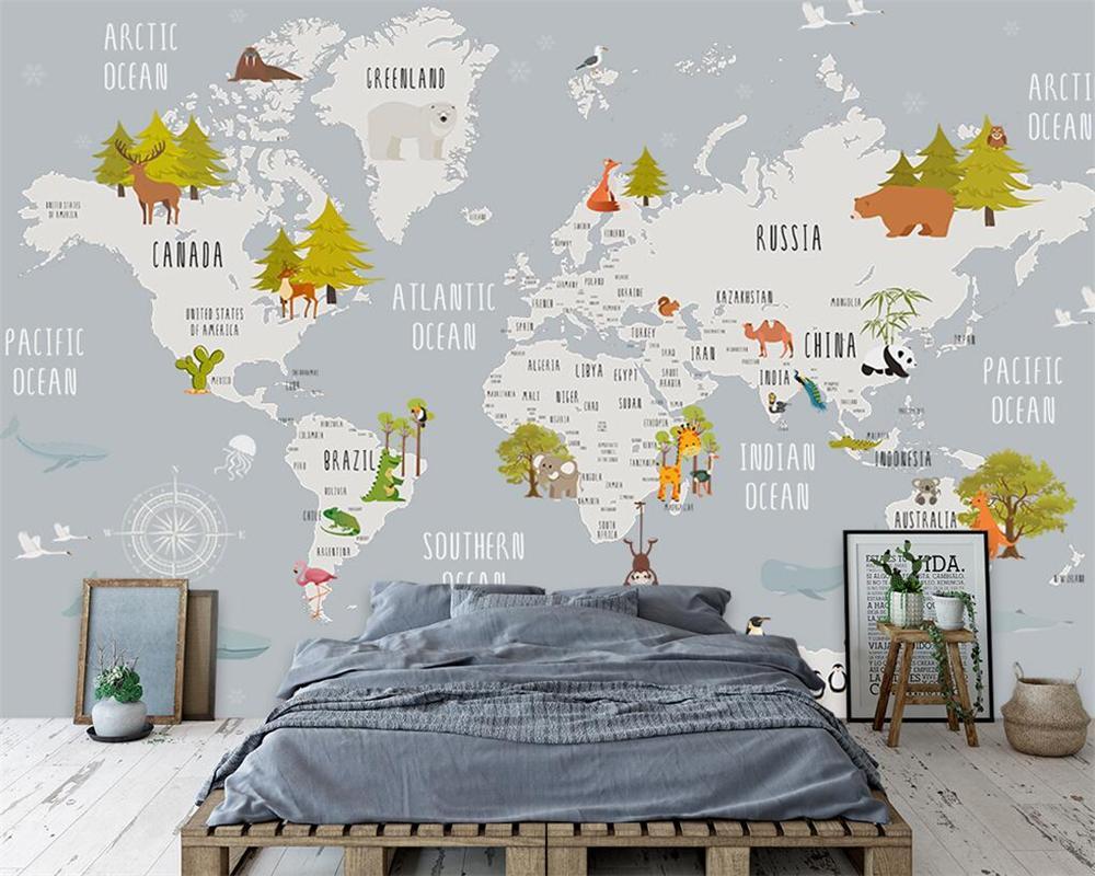 Children's bedroom wallpaper map animals light grey - Muralconcept